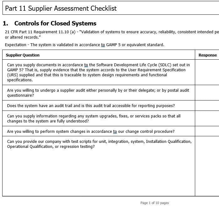 21 CFR Part 11 Supplier Assessment Checklist – GMPWebSource